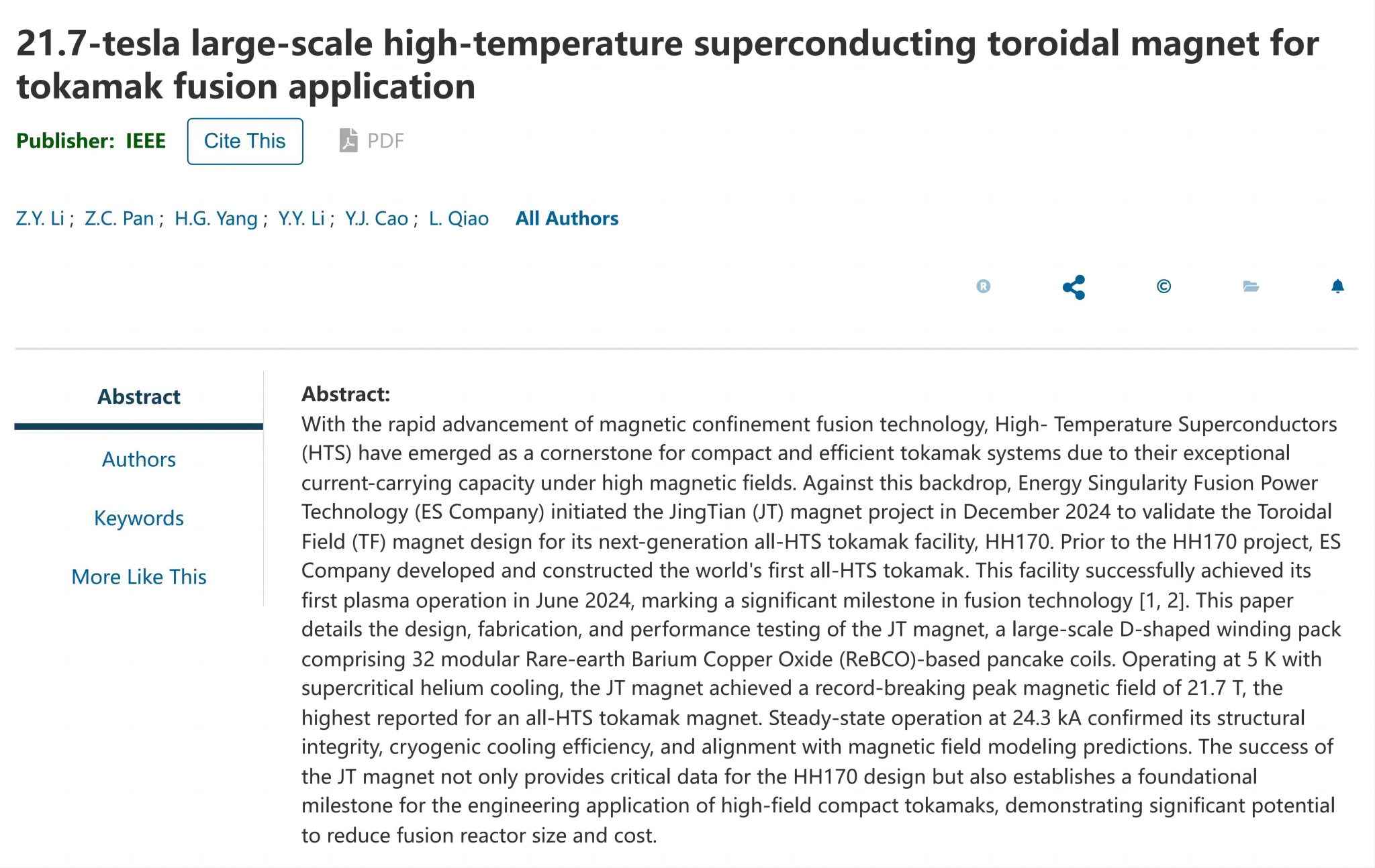 Jingtian Magnet Research Published in IEEE TAS Journal – Energy Singularity